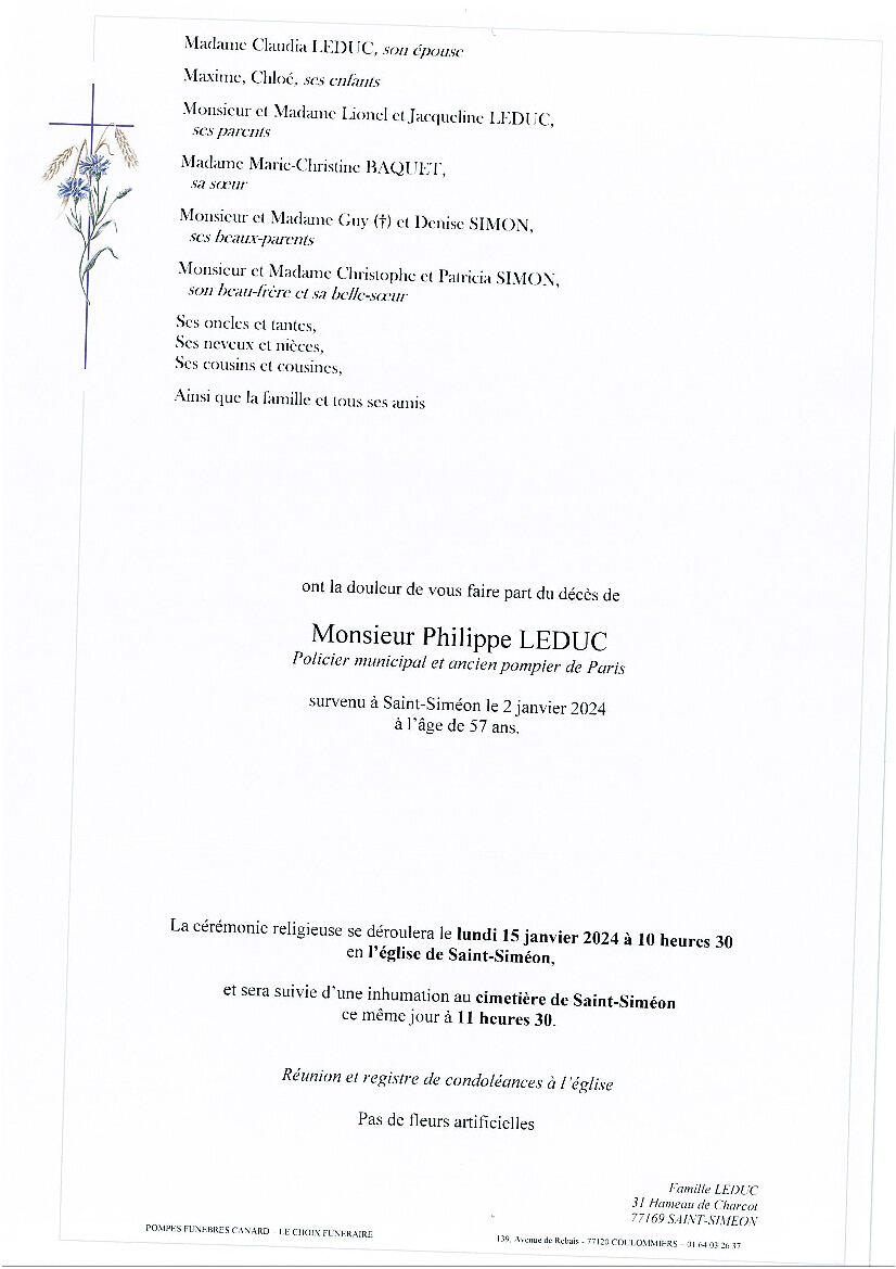 Actualités - OBSEQUES MR PHILIPPE LEDUC - Actualité illiwap de Mairie de Saint-Siméon | illiwap®