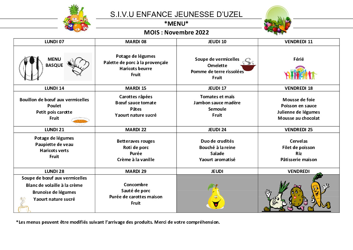 Noticias - Menus de la cantine scolaire - Mois de novembre - Noticias ...
