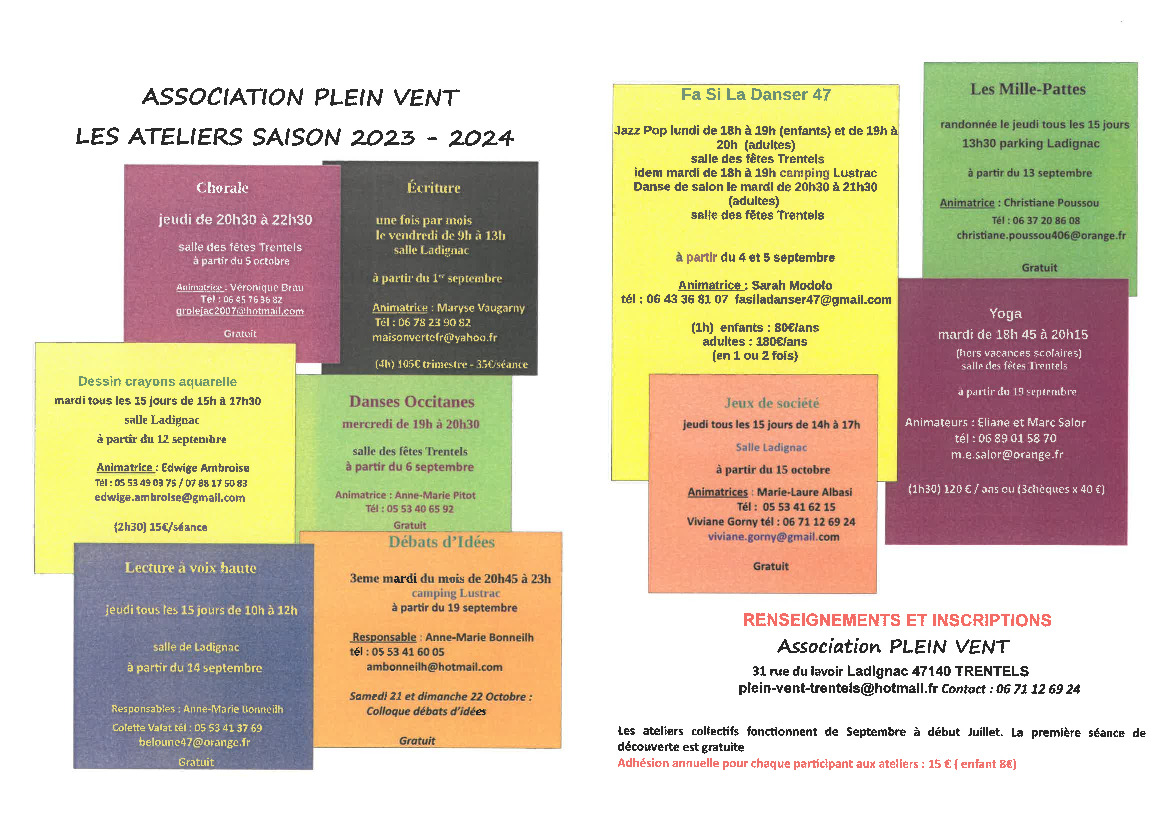 Noticias - LES ATELIERS DE PLEIN VENT POUR LA SAISON 2023 - 2024 ...